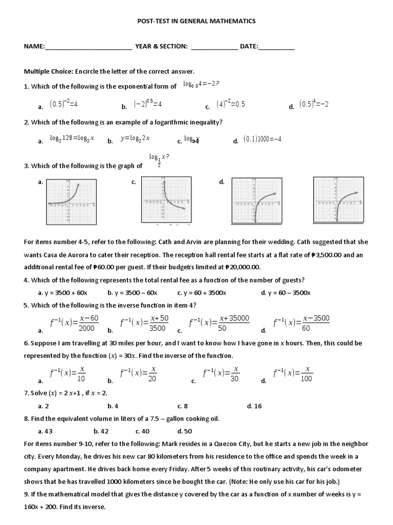 General Mathematics Post-Test Functions | PDF | Function (Mathematics ...
