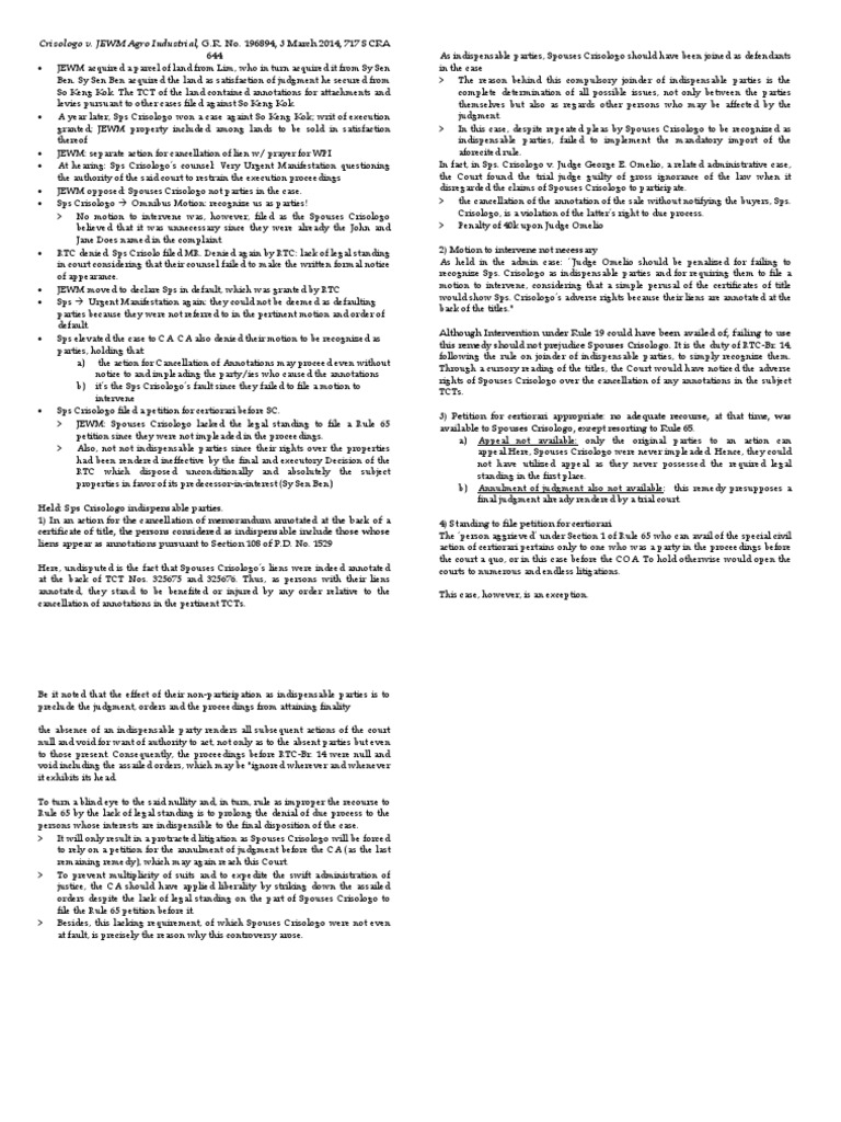 Crisologo v. JEWM Agro Industrial, G.R. No. 196894, 3 March 2014, 717 ...