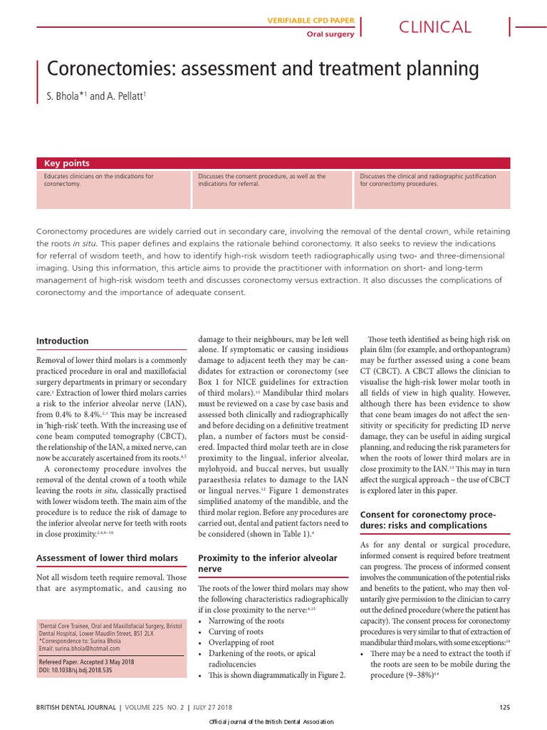Coronectomy - Assessment and Treatment | PDF | Mouth | Clinical Medicine