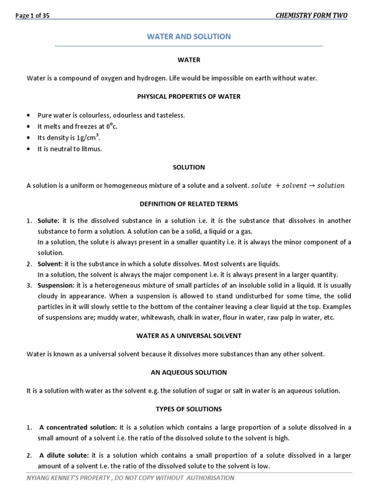 Chemistry Form Two: Water & Solutions | PDF | Solution | Solubility