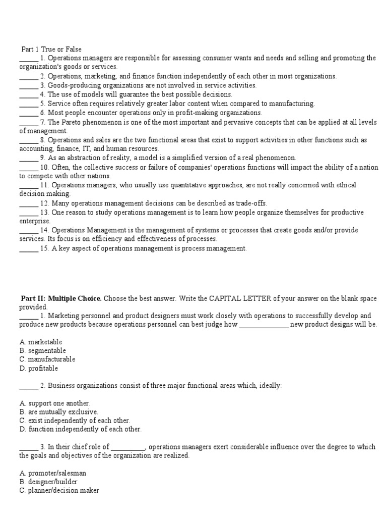 Operations Management Quiz Overview | PDF | Operations Management | Goods