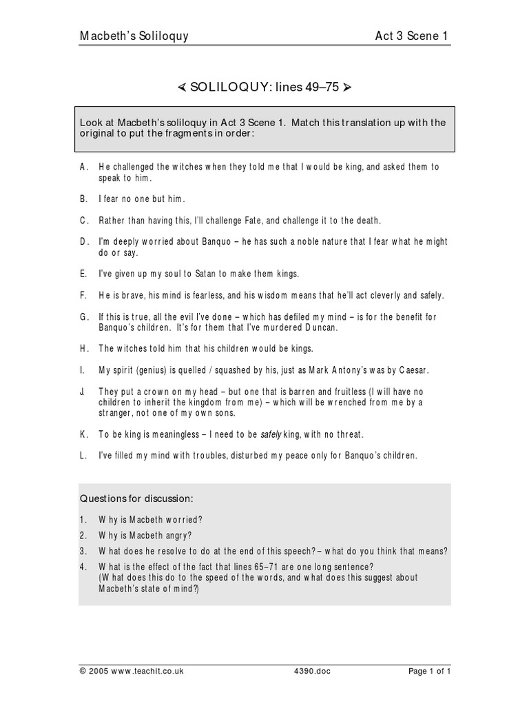 Macbeth's Soliloquy Act 3 Scene 1 | PDF