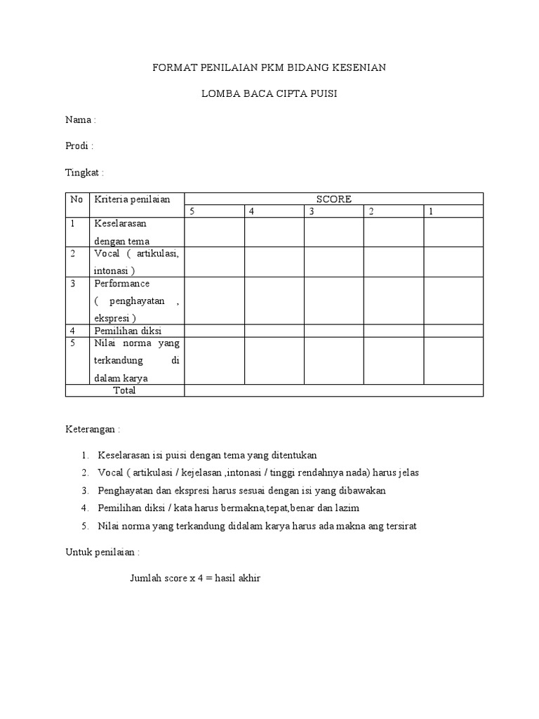 Format Penilaian PKM Bidang Kesenian | PDF