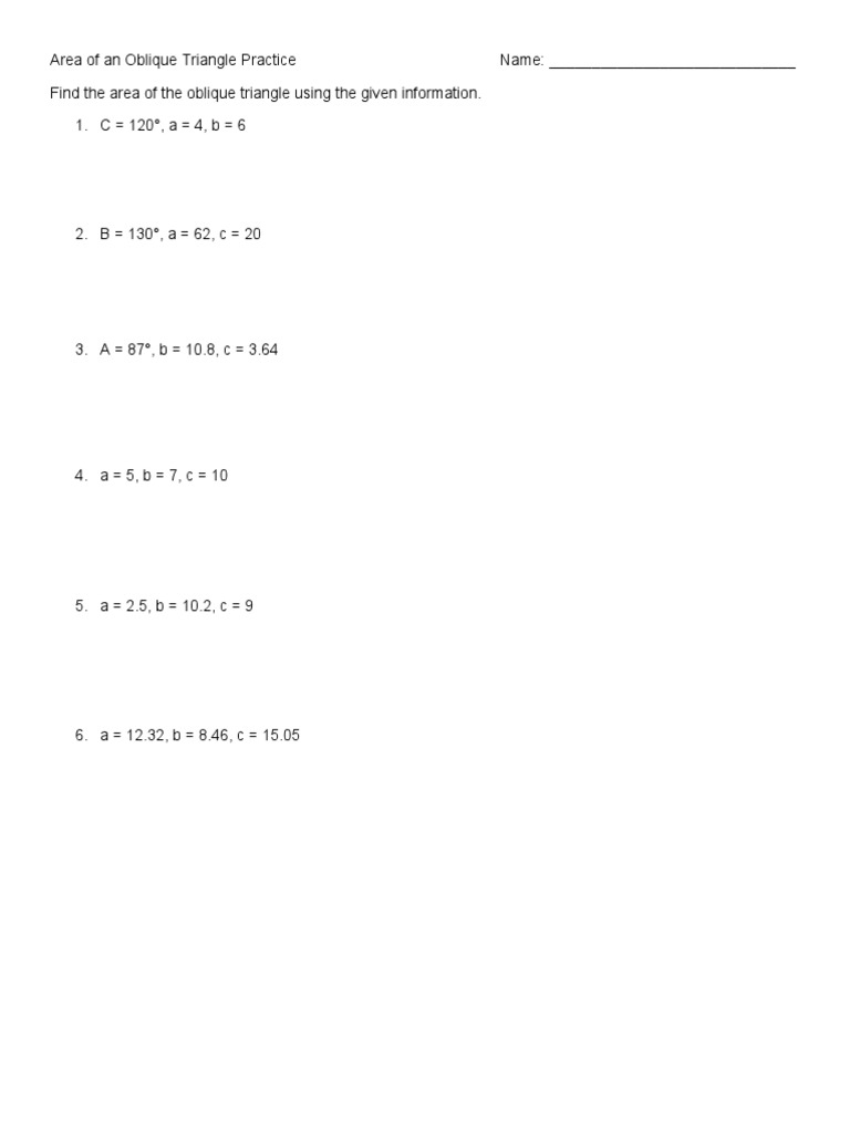 Area of An Oblique Triangle Practice Worksheet | PDF