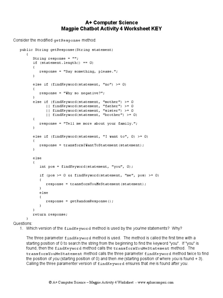 A+ Computer Science Magpie Chatbot Activity 4 Worksheet KEY | PDF ...