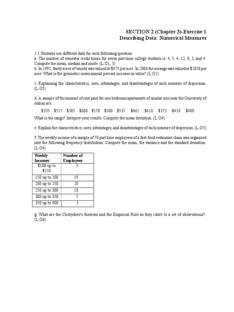 SECTION 2 (Chapter 3) - Exercise 1 Describing Data: Numerical Measures ...