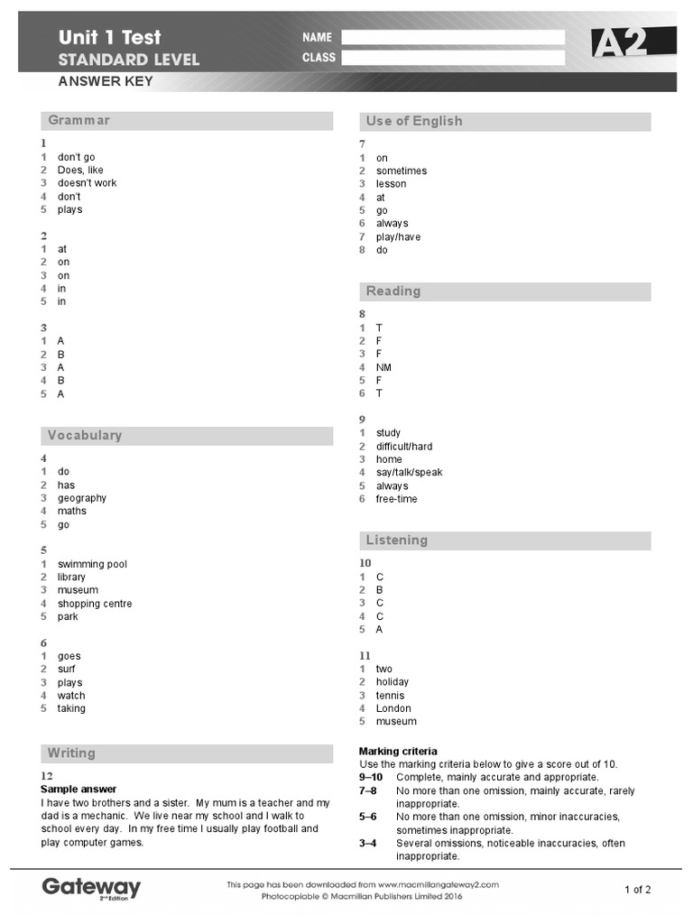 A2 UNIT 1 Test Answer Key Standard | PDF | Linguistics | Cognition