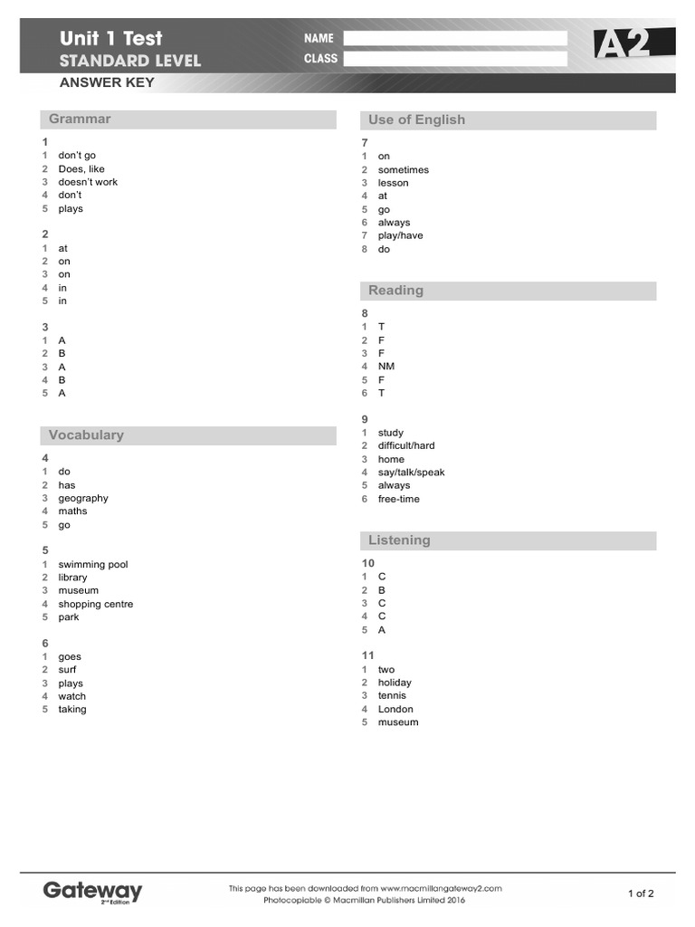 A2 UNIT 1 Test Answer Key Standard | PDF | Linguistics | Communication