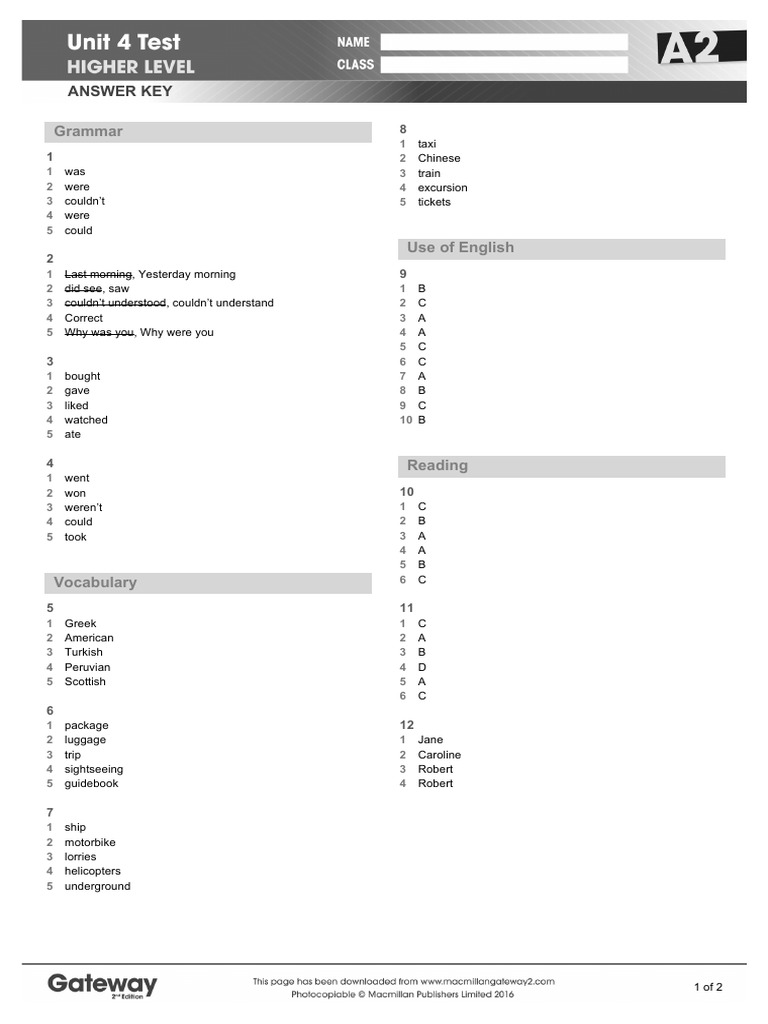 Gateway A2 Unit 4 Test Answer Key | PDF | Human Communication | Cognition