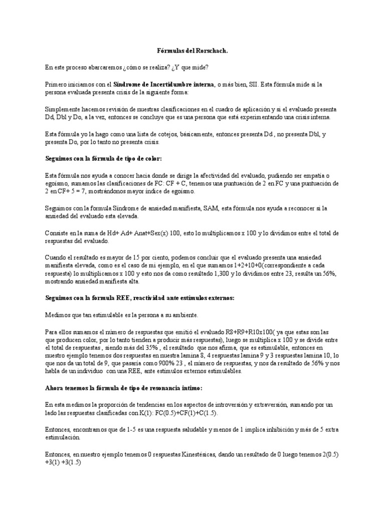 Fórmulas Del Rorschach | PDF | Ansiedad | Trauma psicólogico