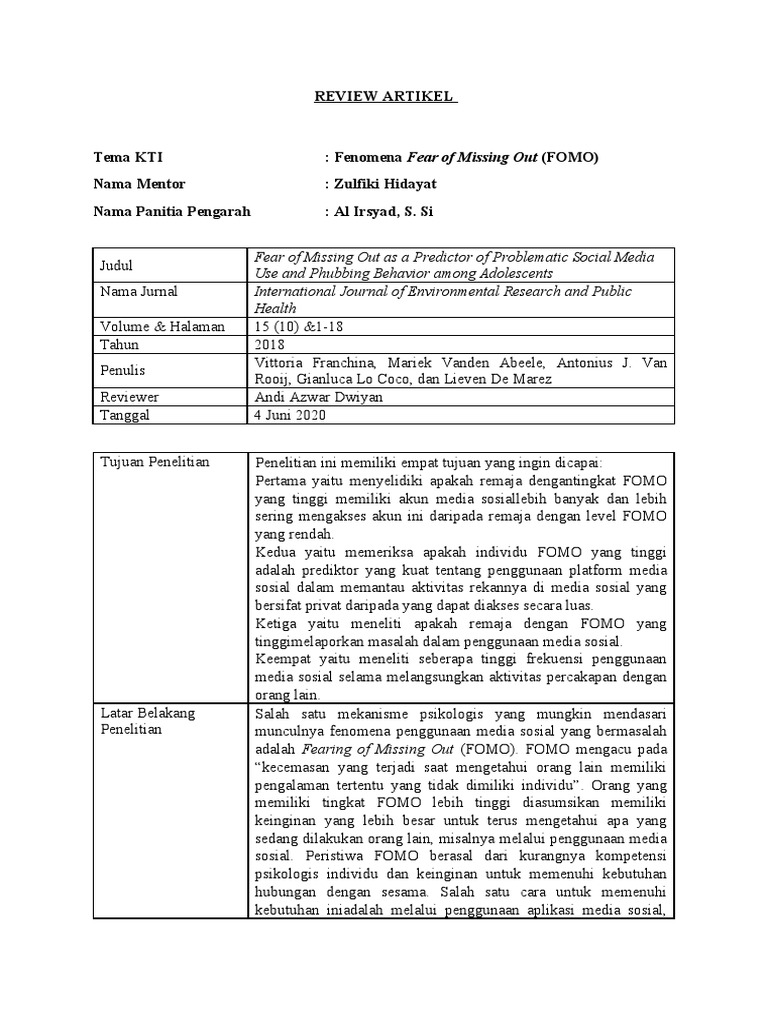 Review Artikel FOMO Andi Azwar Dwiyan | PDF