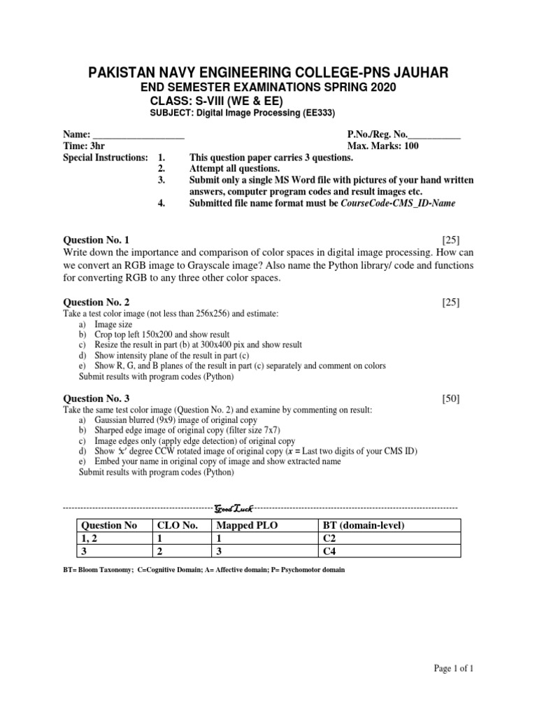 Final Exam Digital Image Processing (EE-333) 1-Jul-2020 | PDF | Rgb ...