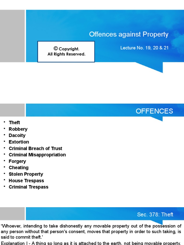 Offences Against Property: Lecture No. 19, 20 & 21 | PDF | Burglary | Theft