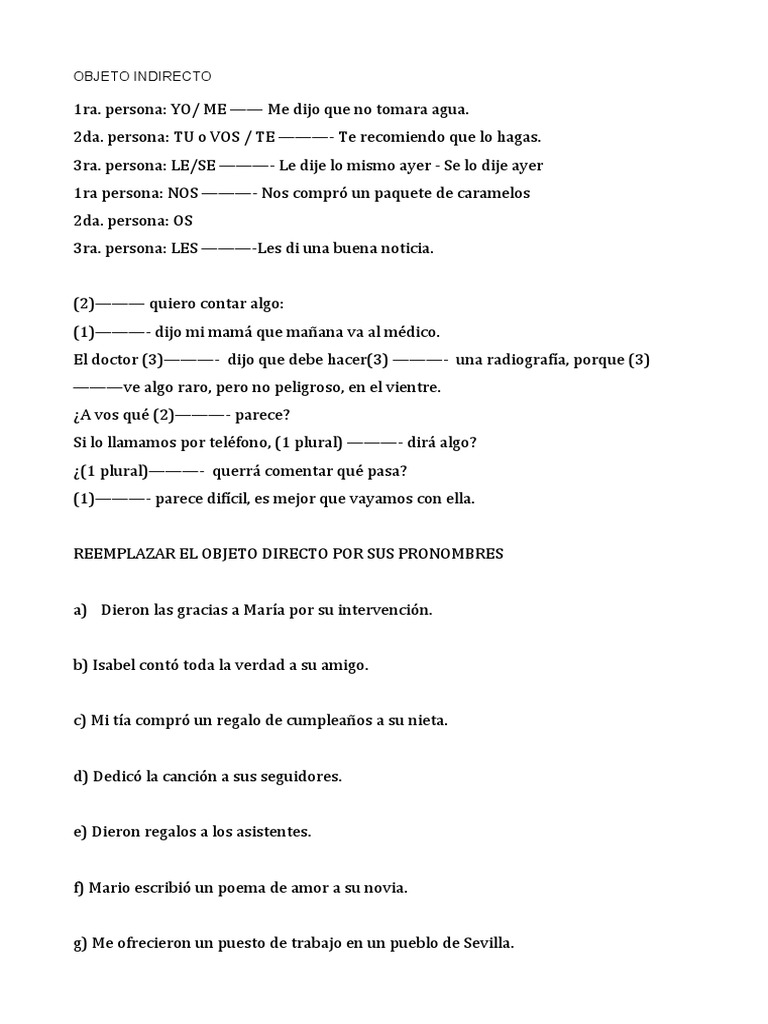 Ejercicios Objeto Indirecto | PDF
