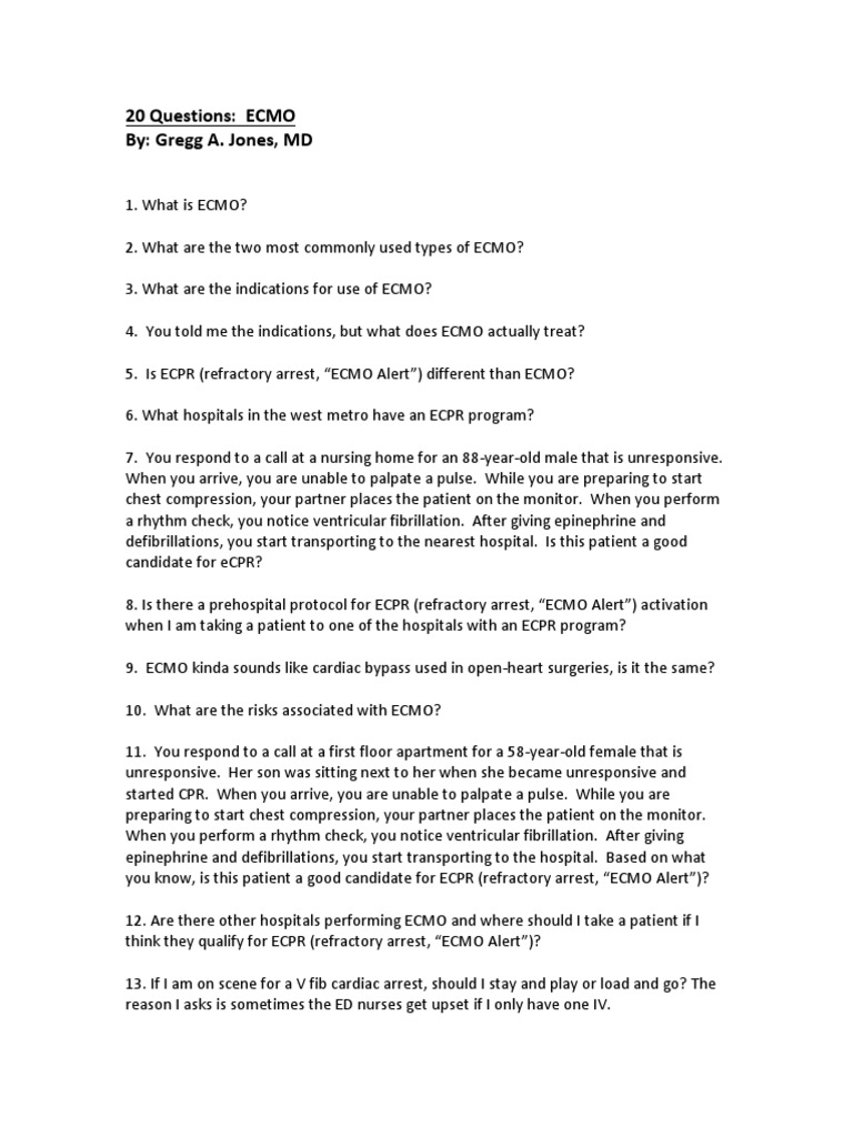 20 Questions Ecmo | PDF | Cardiopulmonary Resuscitation | Cardiac Arrest
