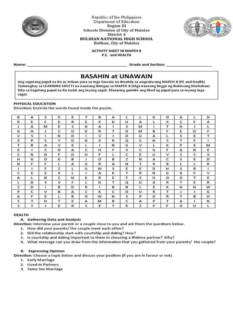 Basahin at Unawain: Activity Sheet in Mapeh 8 P.E. and Health | PDF ...