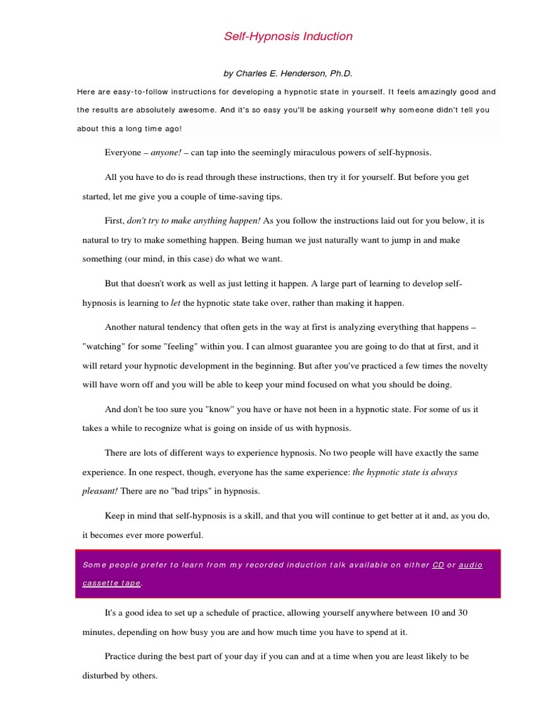 Self-Hypnosis Induction: by Charles E. Henderson, PH.D | PDF | Hypnosis | Relaxation (Psychology)