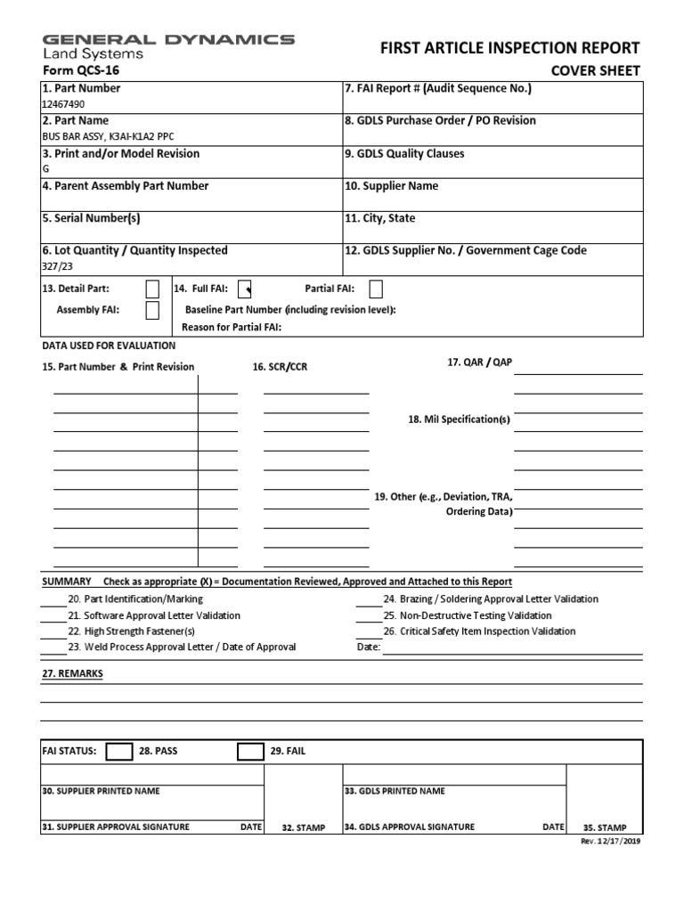 First Article Inspection Report: Form QCS 16 | PDF | Building Materials ...