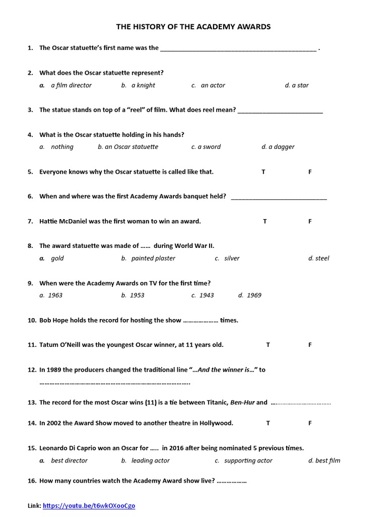 Academy Awards History Video Worksheet | PDF