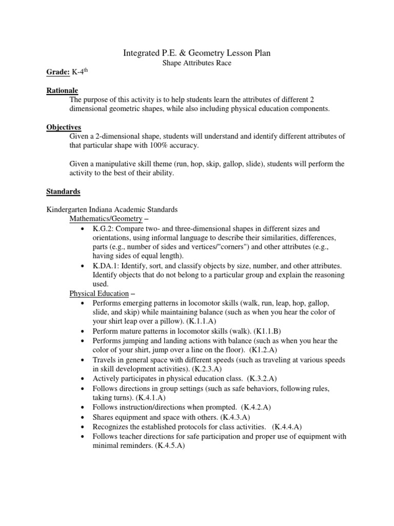 Integrated P.E. & Geometry Lesson Plan 2D Shape Attributes Activity ...