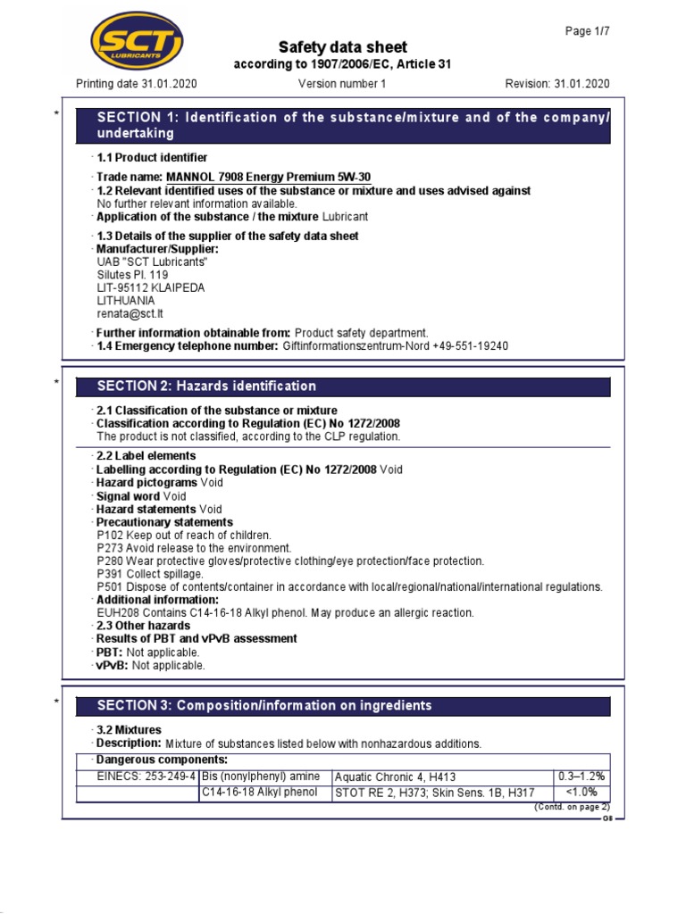 Safety Data Sheet: SECTION 1: Identification of The Substance/mixture ...
