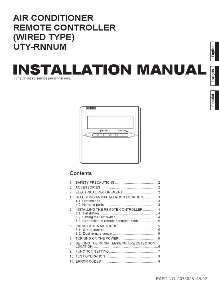 Installation Manual: Air Conditioner Remote Controller (Wired Type) Uty ...