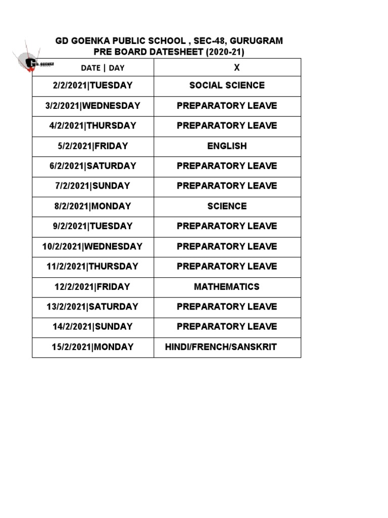 Class 10 Date Sheet | PDF