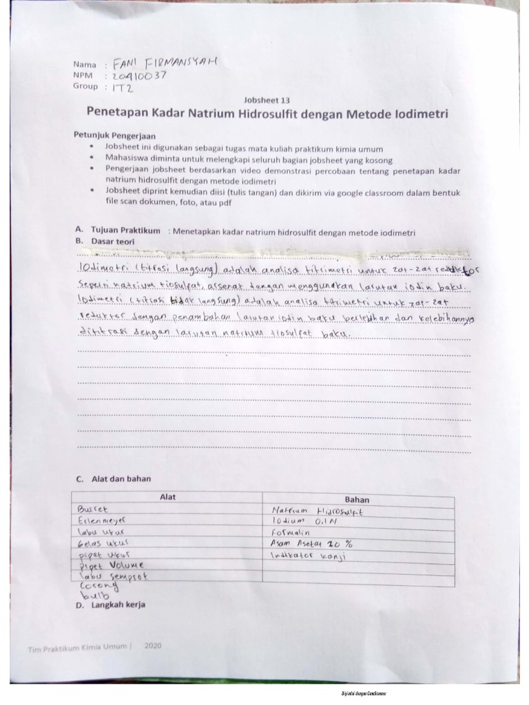 Jobsheet13 PenetapanHidrosulfit 20410037 Fani F | PDF