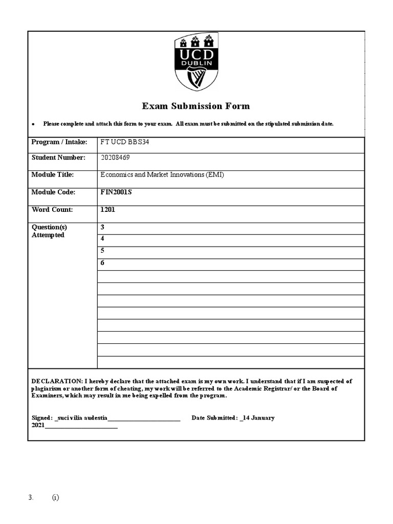 Exam Submission Form: FT Ucd Bbs34 20208469 Economics and Market ...