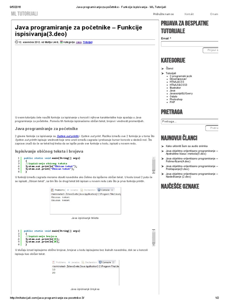 Java Programiranje Za Početnike - Funkcije Ispisivanja (3.deo) | PDF