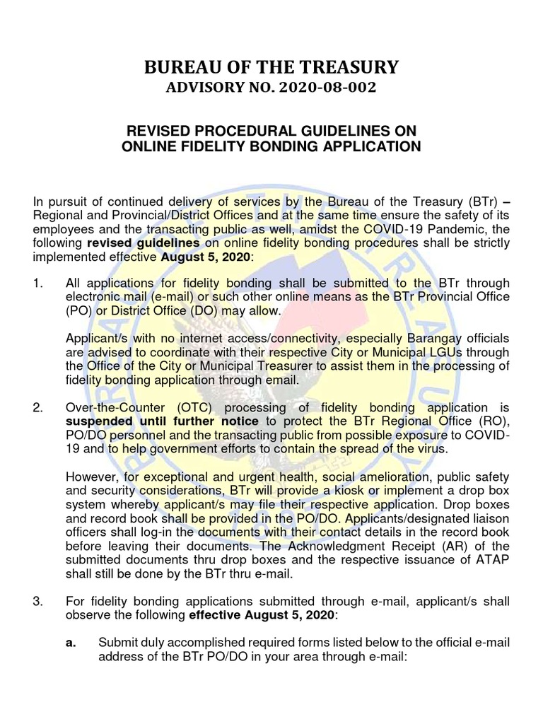BTR Advisory On Revised Fidelity Bond Procedures Electronic 5 August ...