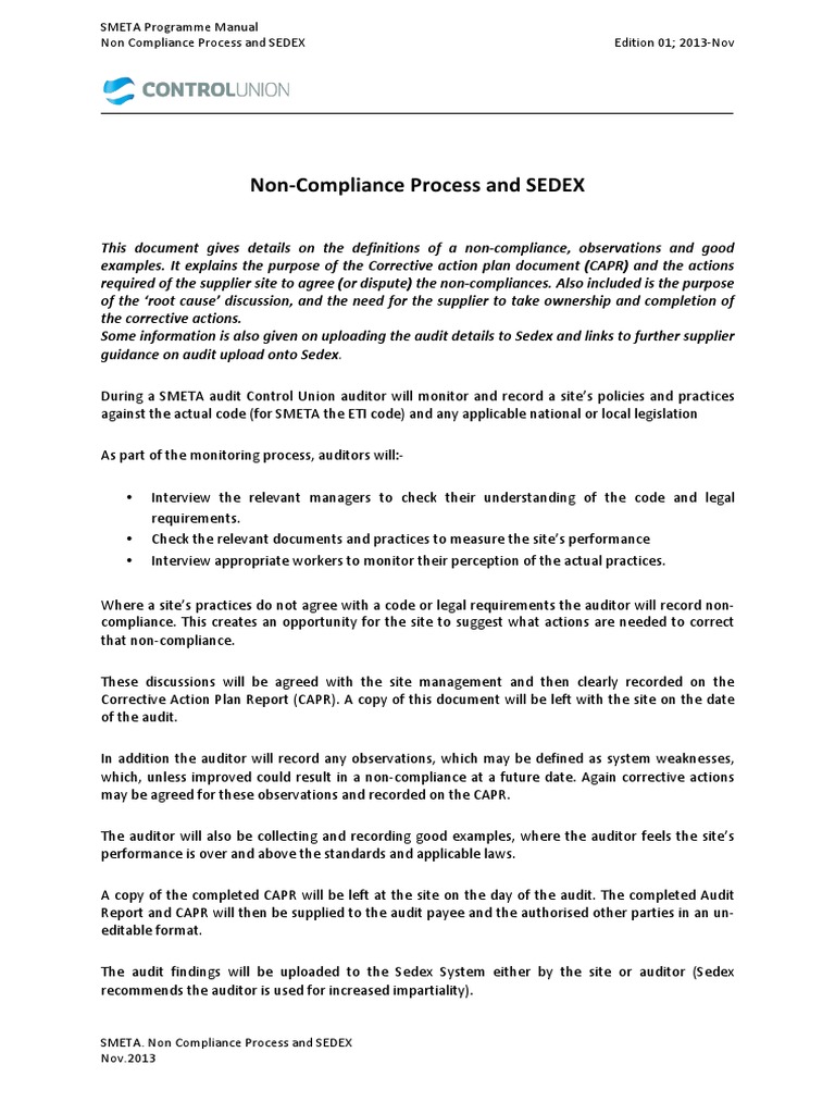 Non - Compliance Process and SEDEX | PDF | Audit | Business