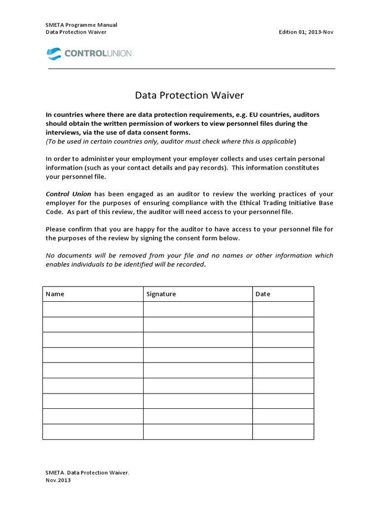 FL 051314073927 5F Data Protection Waiver | PDF | Consent | Data