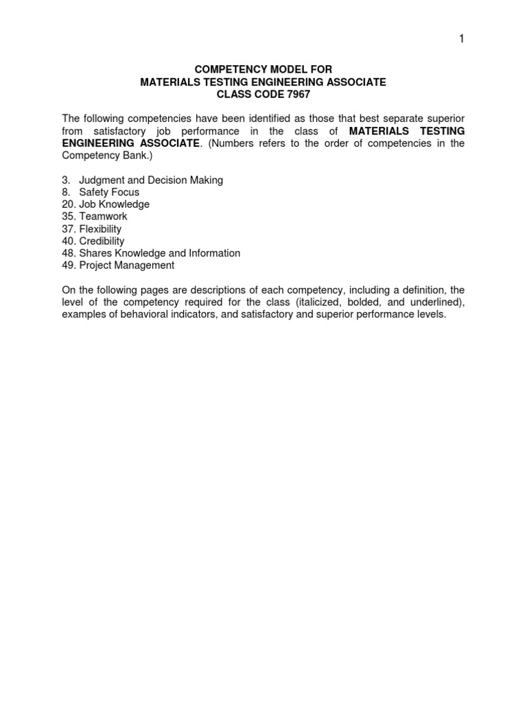 Competency Model For Materials Testing Engineering Associate Class Code ...