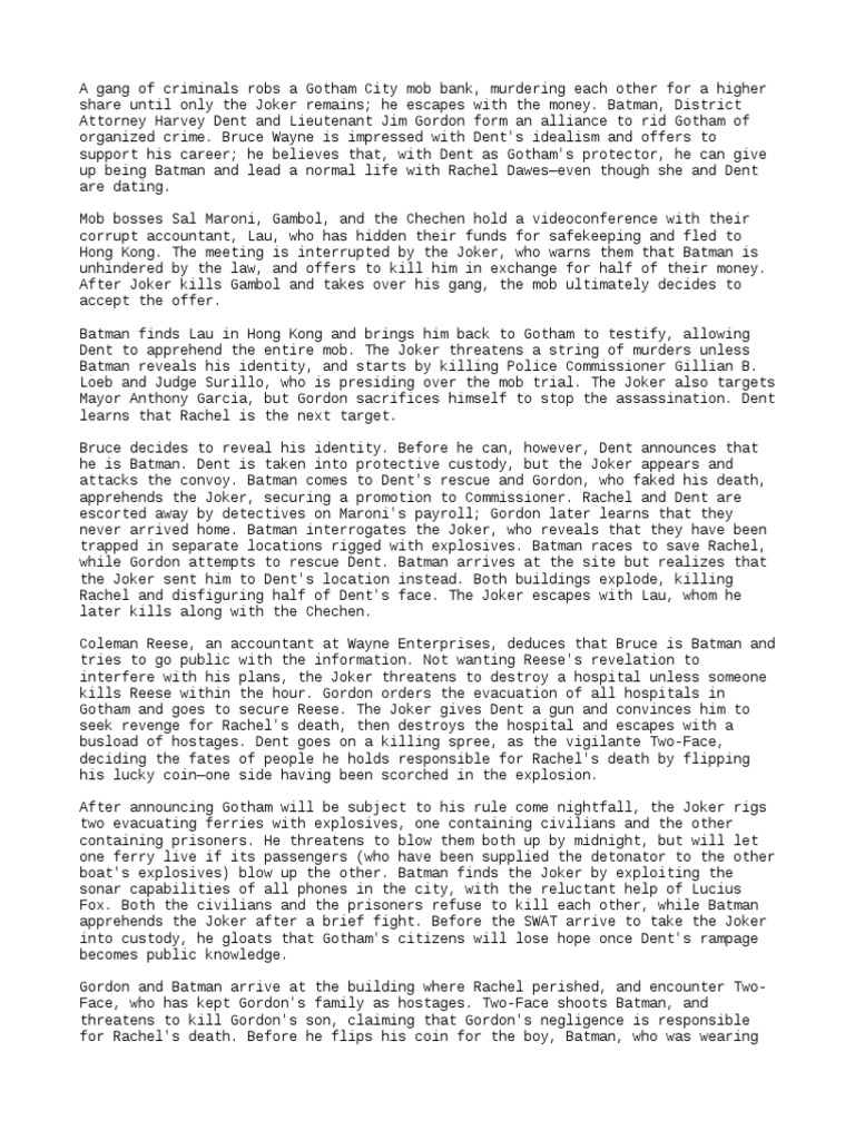 The Dark Knight Plot Summary (2008) | PDF | Batman | Violence