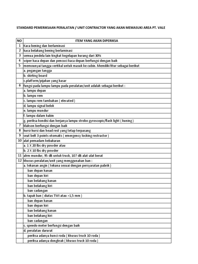 Standard Atau Ceklist Pemeriksaan Peralatan | PDF