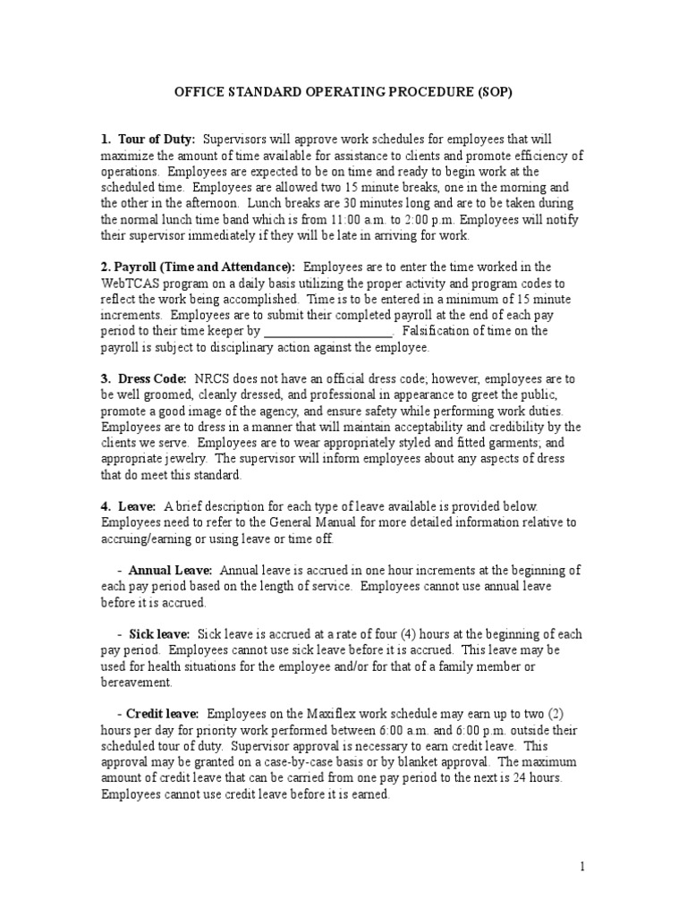 Office Standard Operating Procedure (Sop) | PDF | Overtime | Sick Leave