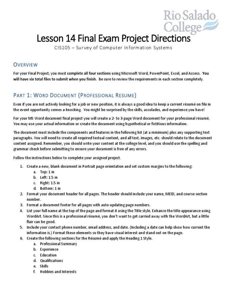 Lesson 14 Final Exam Project Directions: CIS105 - Survey of Computer ...