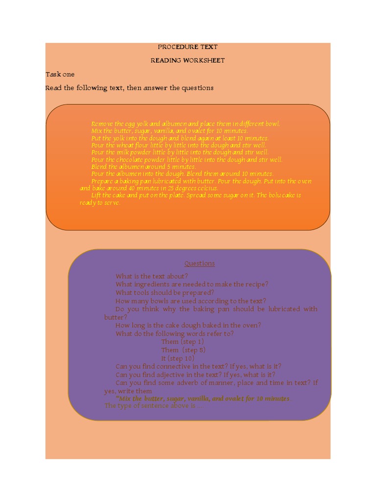 Procedure Text Reading Worksheet Task One Read The Following Text, Then ...