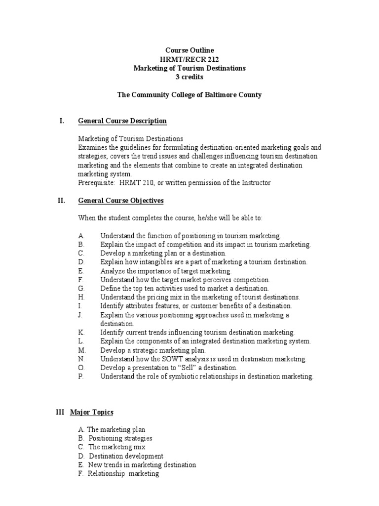 Tourism Marketing Course Outline | PDF | Marketing Strategy | Marketing