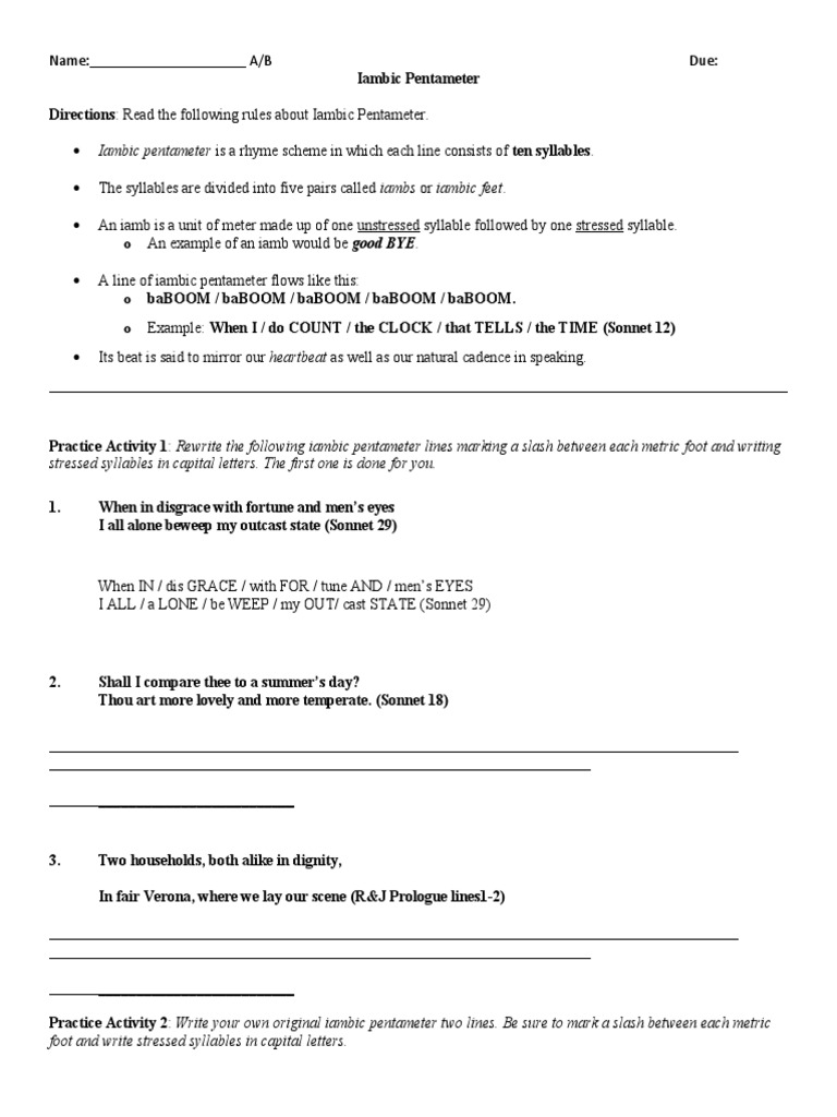 Iambic Pentameter Practice Worksheet | PDF | British Poems | Rhythm And ...