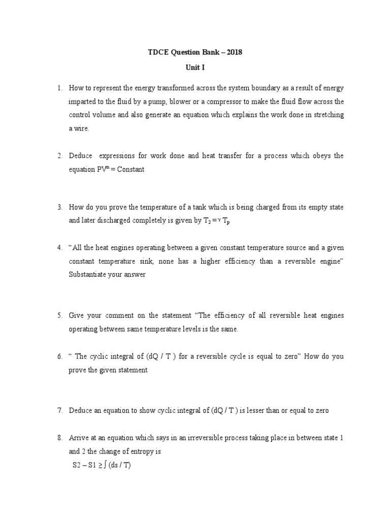 TDCE Question Bank - 2018 Unit I | PDF | Combustion | Heat