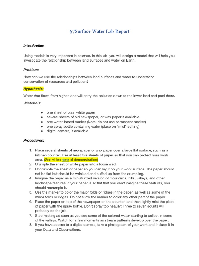 67surface Water Lab Report: Problem | PDF | Stream | Drainage Basin
