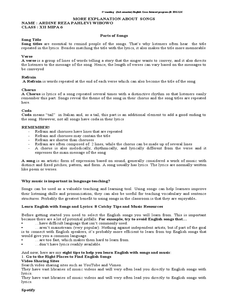 Learning English Through Song Lyrics and Structures | PDF | Refrain ...