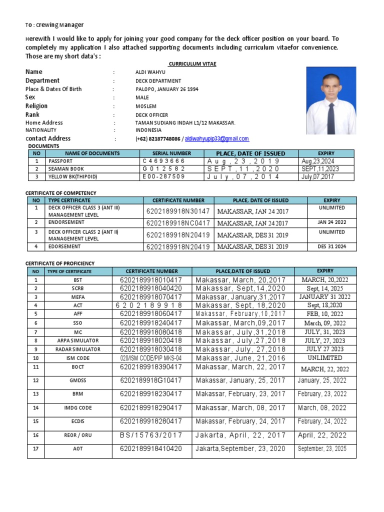 Application for Deck Officer Position and Curriculum Vitae of Aldi ...