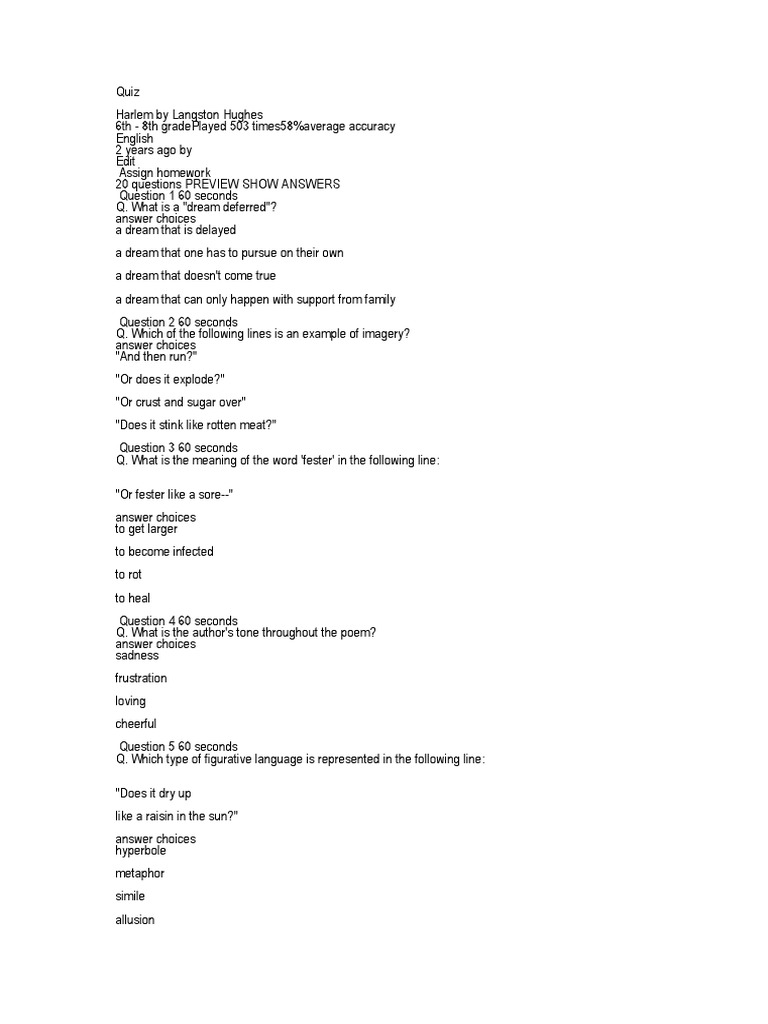 Harlem Poem Quiz for Students | PDF | Metaphor | Poetry