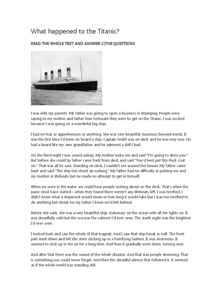 What Happened To The Titanic?: Read The Whole Text and Answer C) The ...