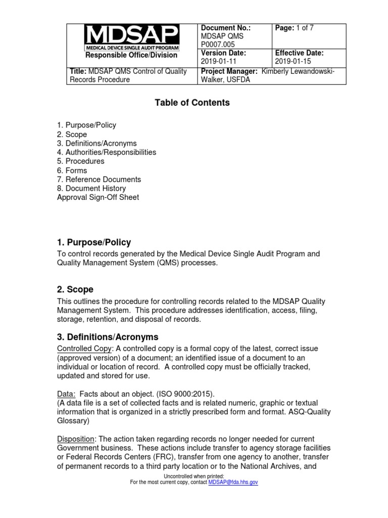 MDSAP QMS P0007.005 Control of Quality Records Procedure 2019-01-11 ...