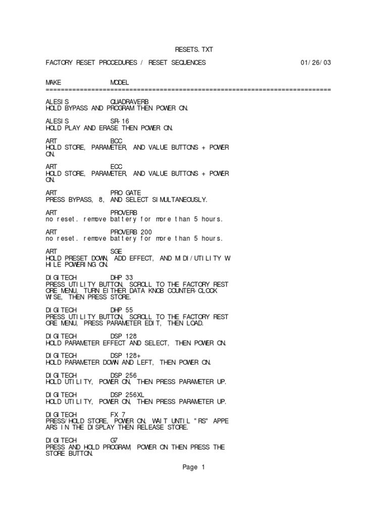 Factory Reset Procedures, Reset Sequences | Download Free PDF | Sound ...