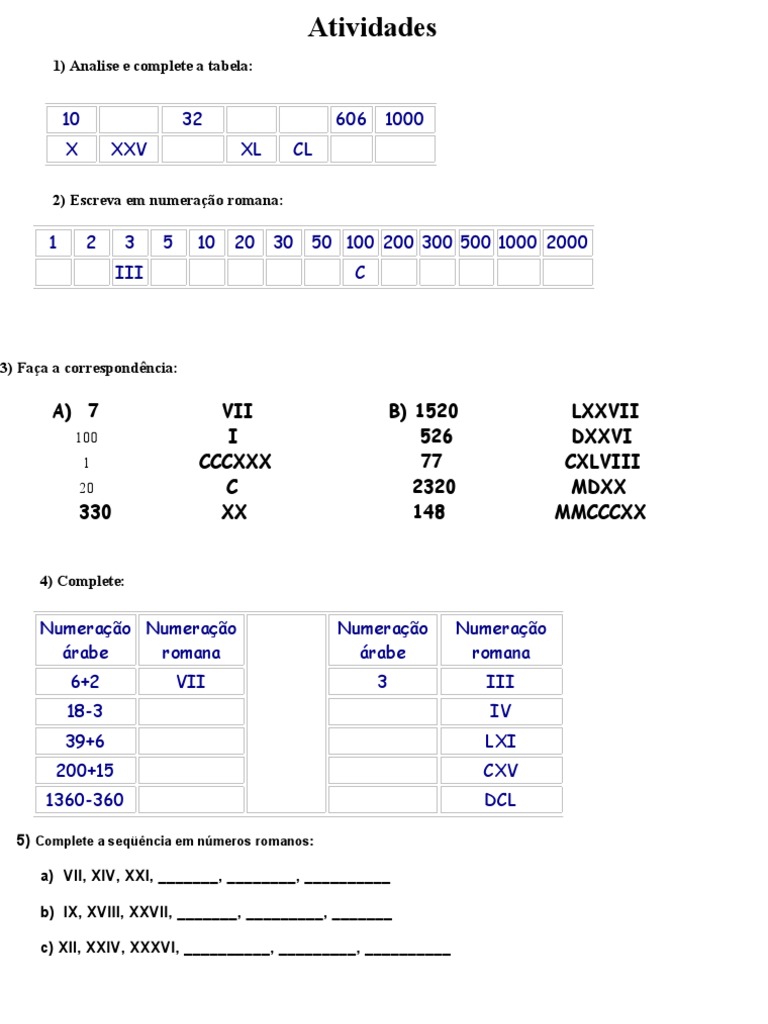 Exercícios - Números Romanos | PDF